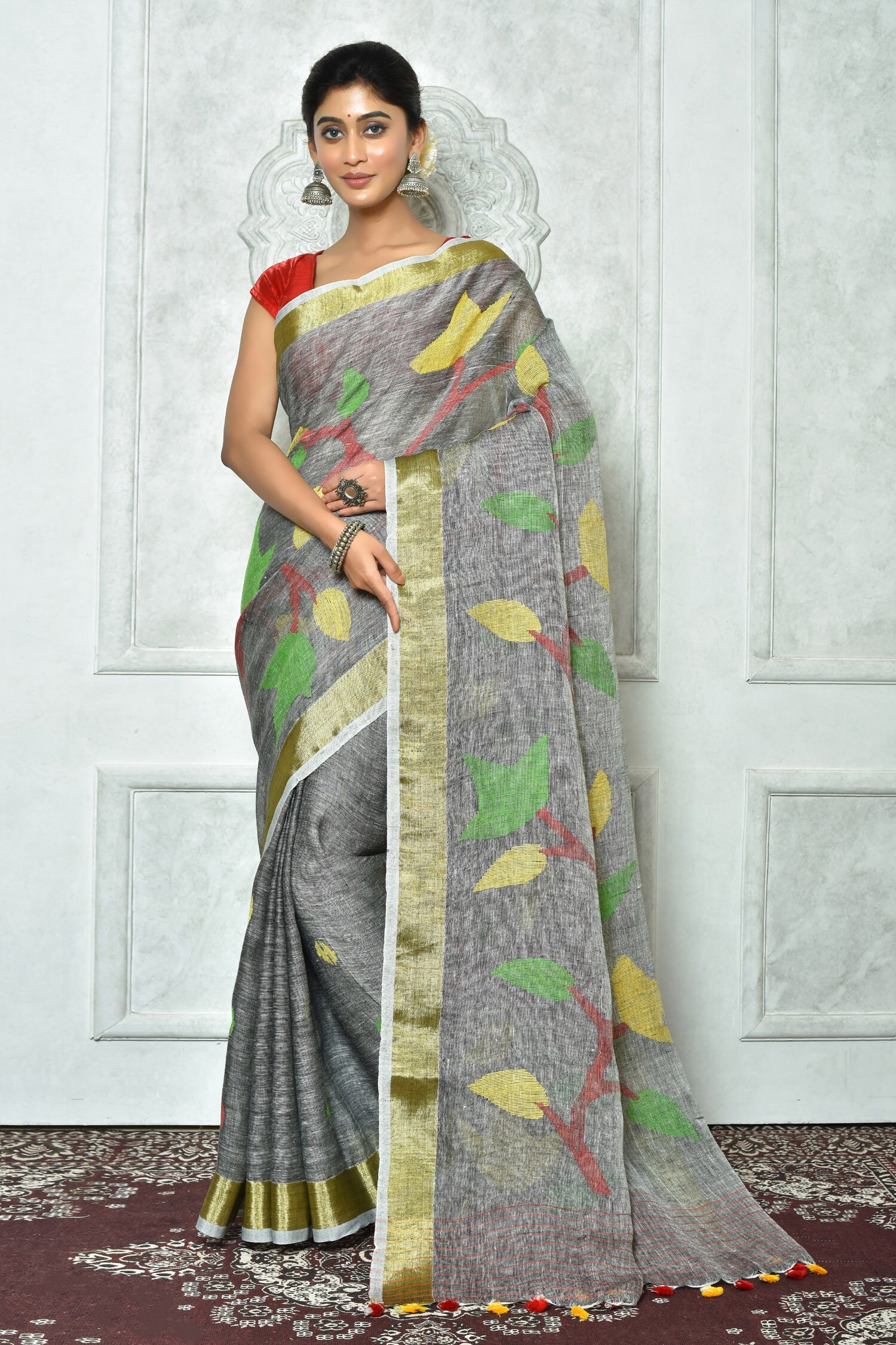Buy Grey Pure Linen Woven Zari Saree For Women by Samyukta Singhania ...