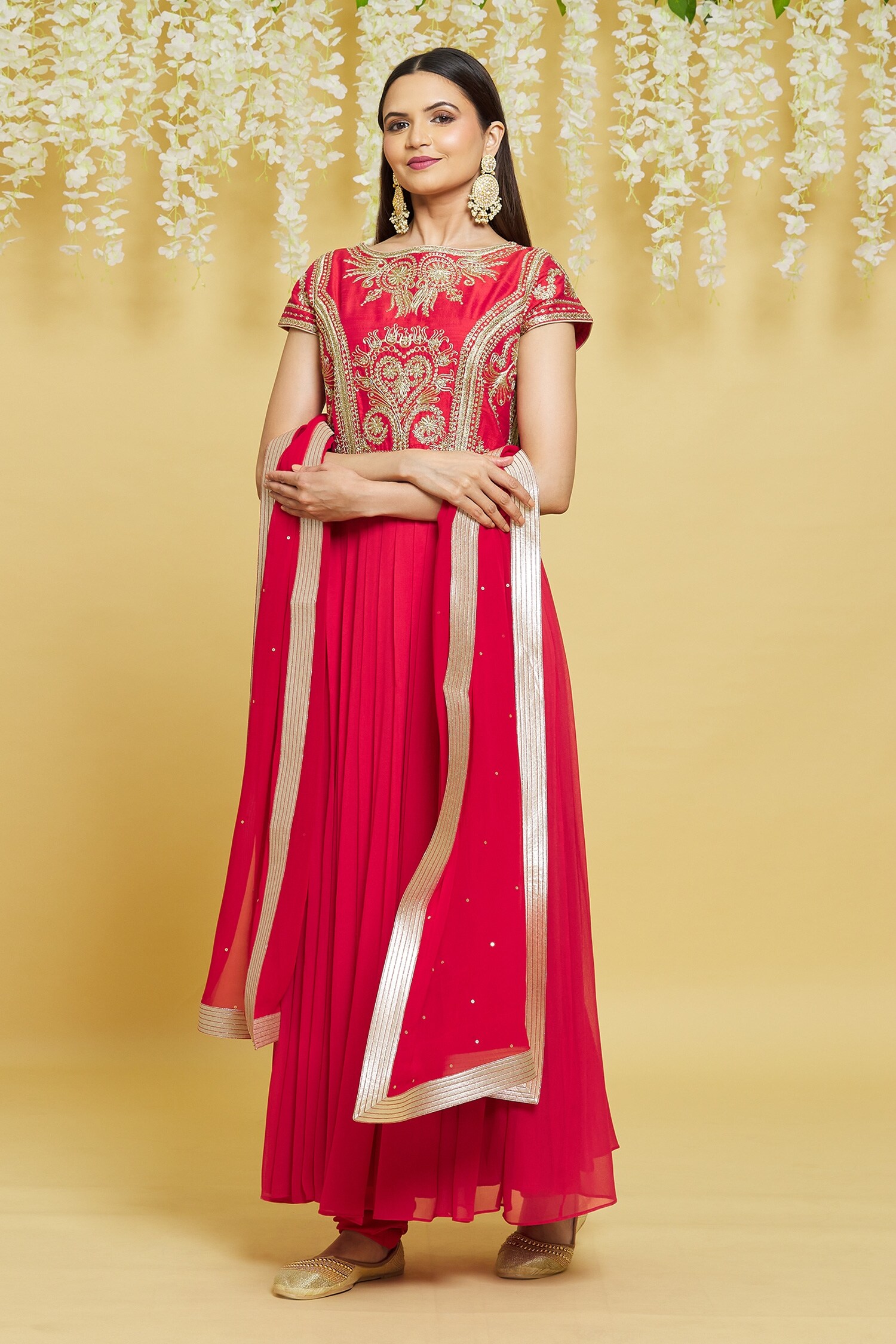 Buy Aiman Red Silk Embellished Yoke Anarkali Set Online | Aza Fashions