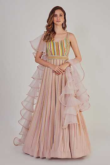 Buy Onaya Peach Georgette Gown With Ruffle Dupatta Online | Aza Fashions