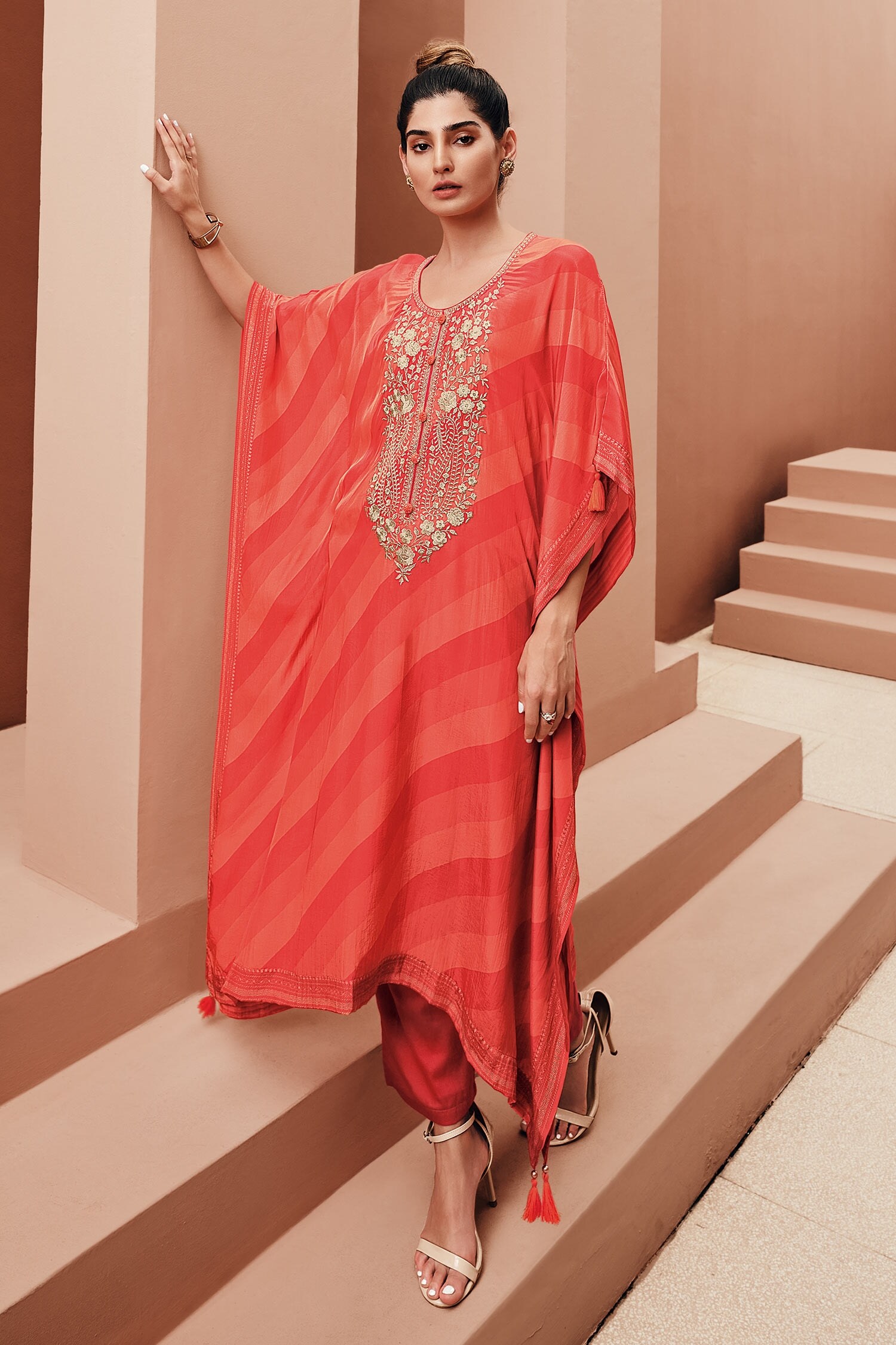 Buy Label Varsha Peach Stripe Pattern Kaftan And Straight Pant Set ...