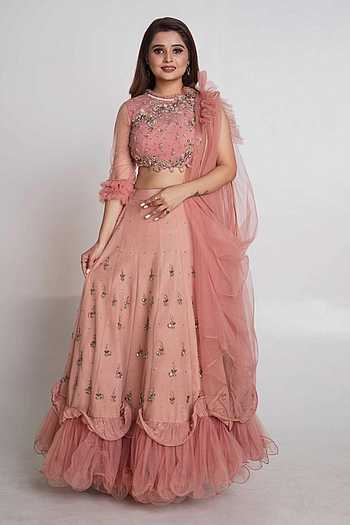 Buy Merge Design Pink Modal Satin Hand Embroidered Lehenga Set Online ...