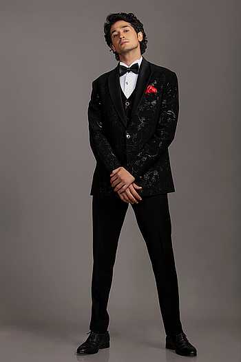 Buy Jayesh Shah Black Velvet Floral Print Blazer Pant Set Online | Aza ...
