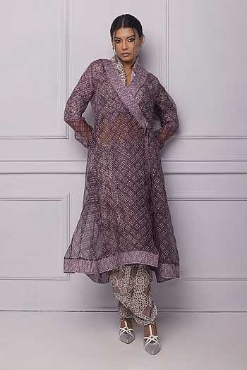 Buy Purple Organza Printed Batik V Neck Angrakha For Women by Ek Katha ...