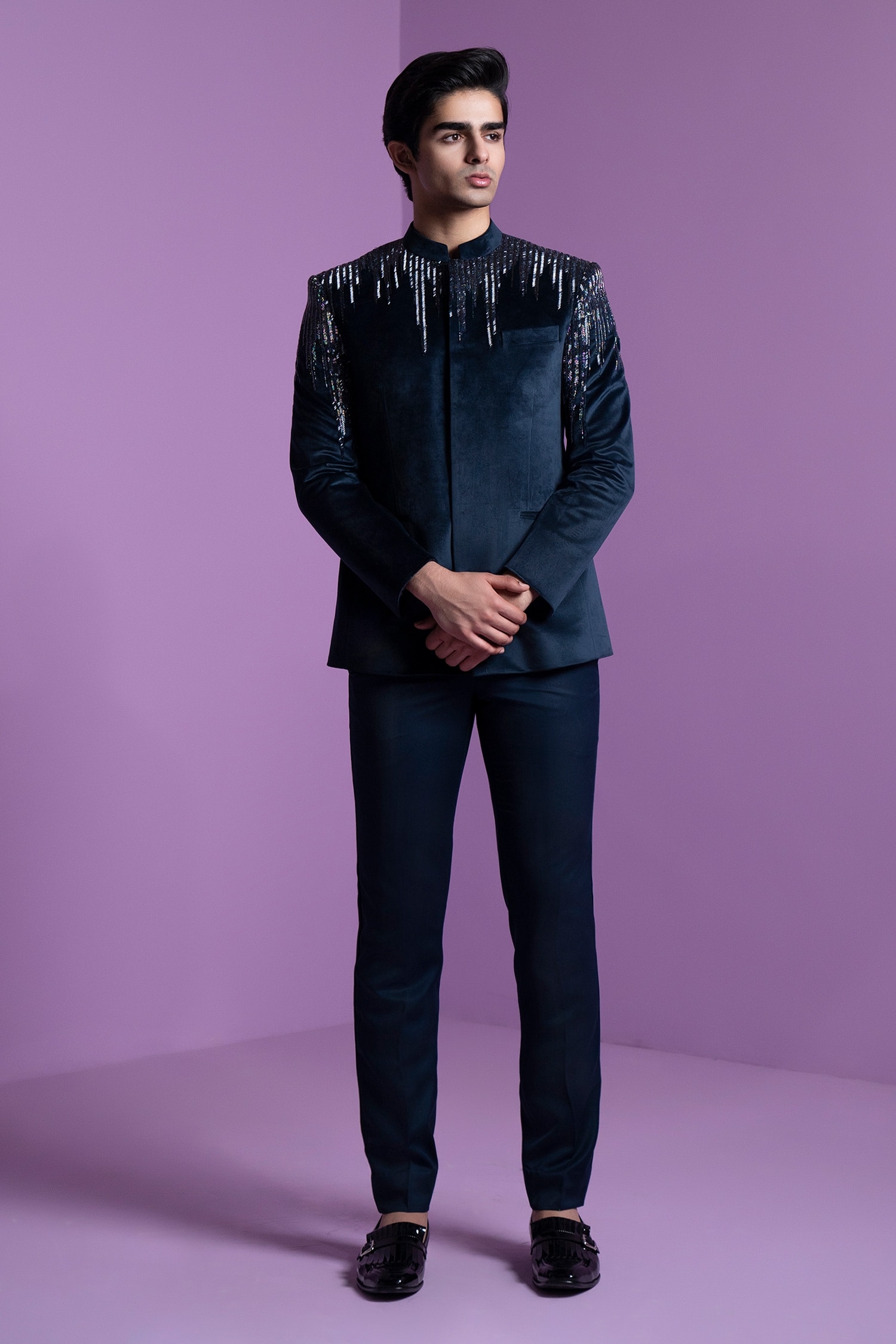 Buy Contrast By Parth Blue Suede Astral Prism Embellished Bandhgala ...