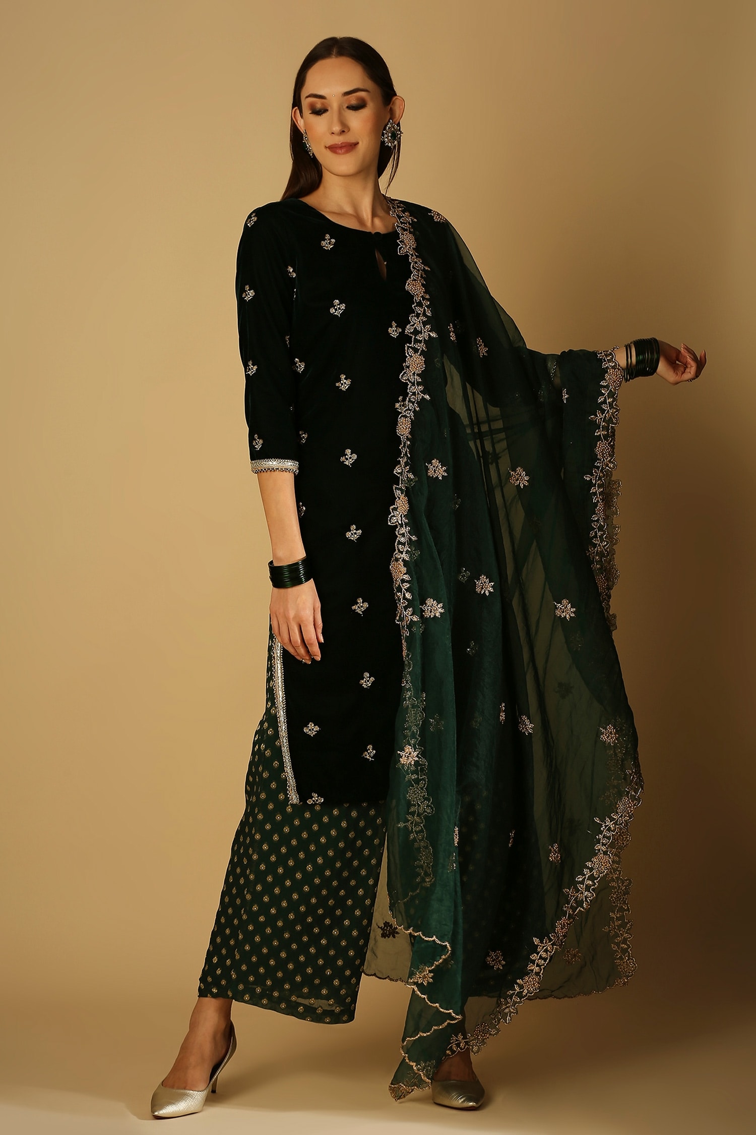 Buy Green Velvet Embroidery Zari Keyhole Ruhani Kurta Set For Women by ...