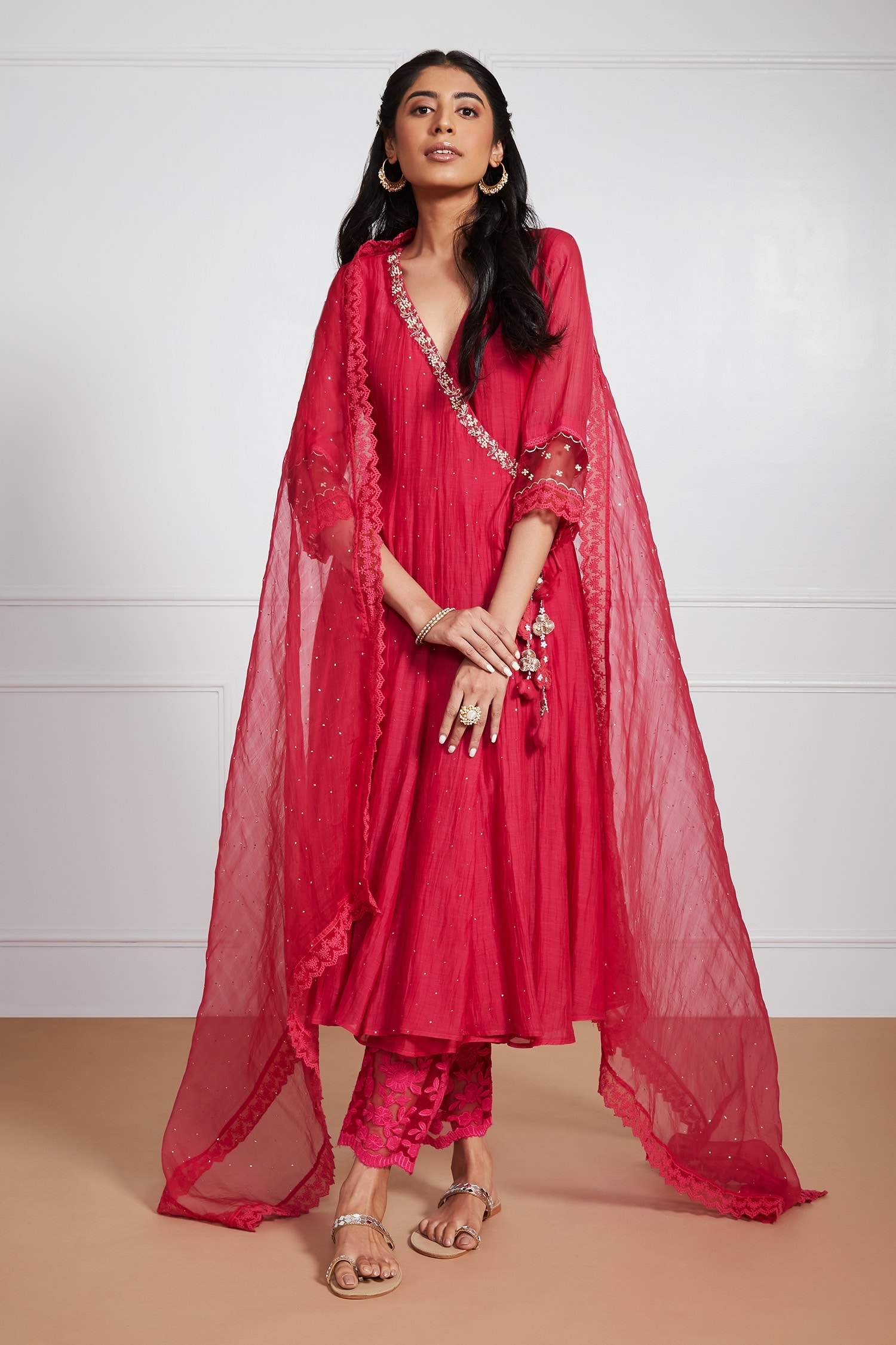 Buy Red Malai Chanderi Embroidery Mukaish V Nabawiya Placket Angrakha ...