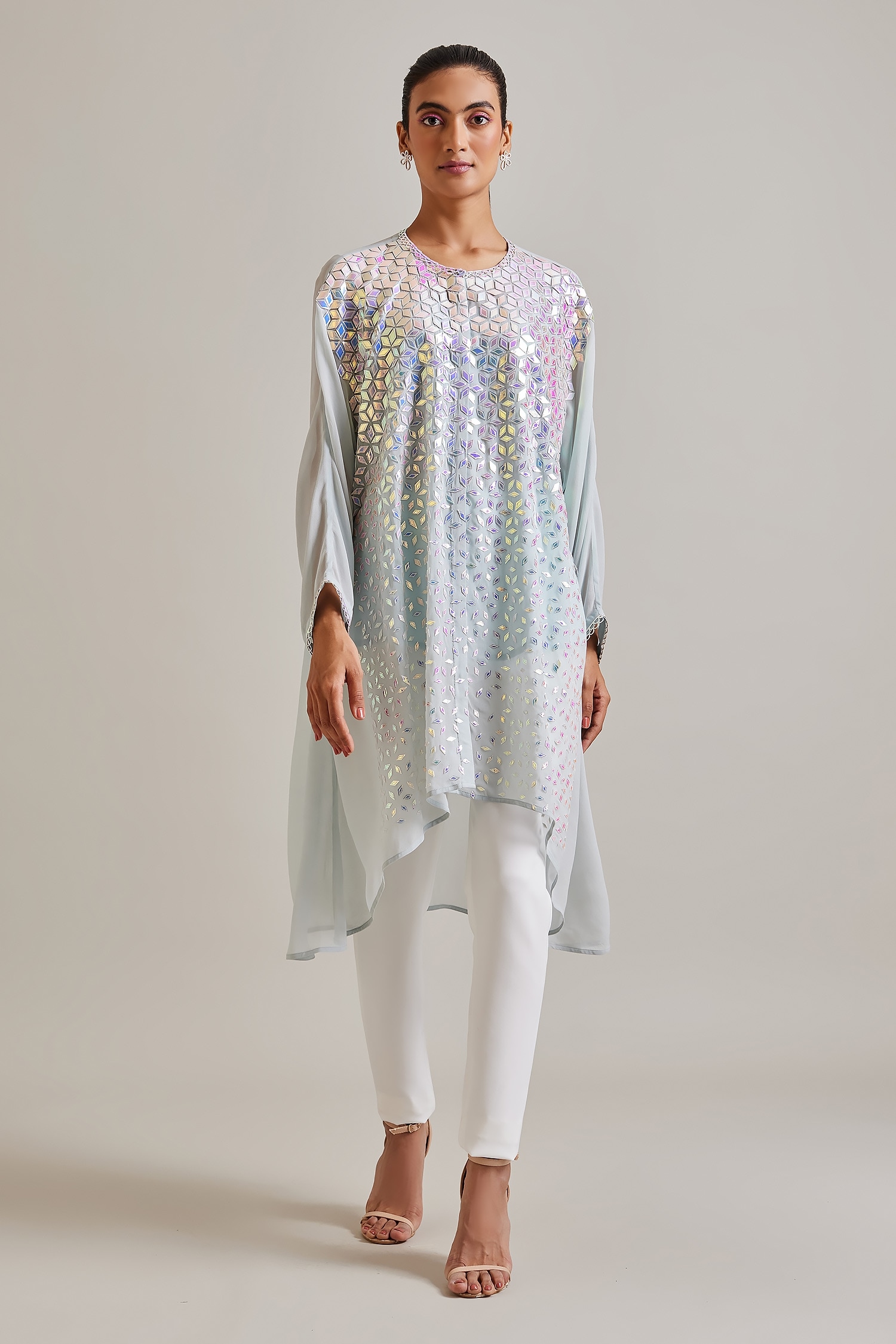 Buy Blue Silk Crepe Embellished Geometric Applique Ostara Hand Tunic