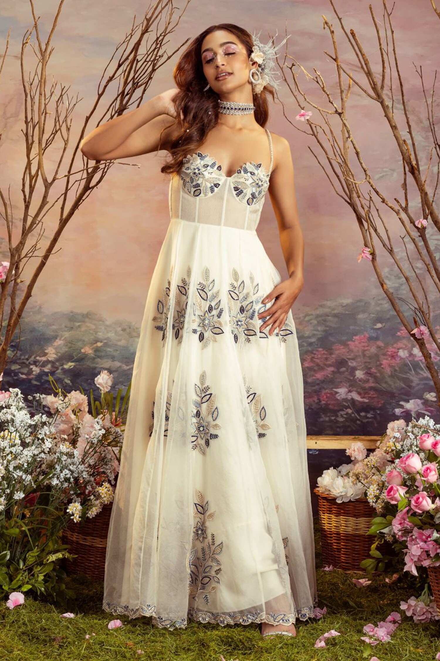 Buy Pleats by Kaksha and Dimple Ivory Organza Embroidered Corset ...