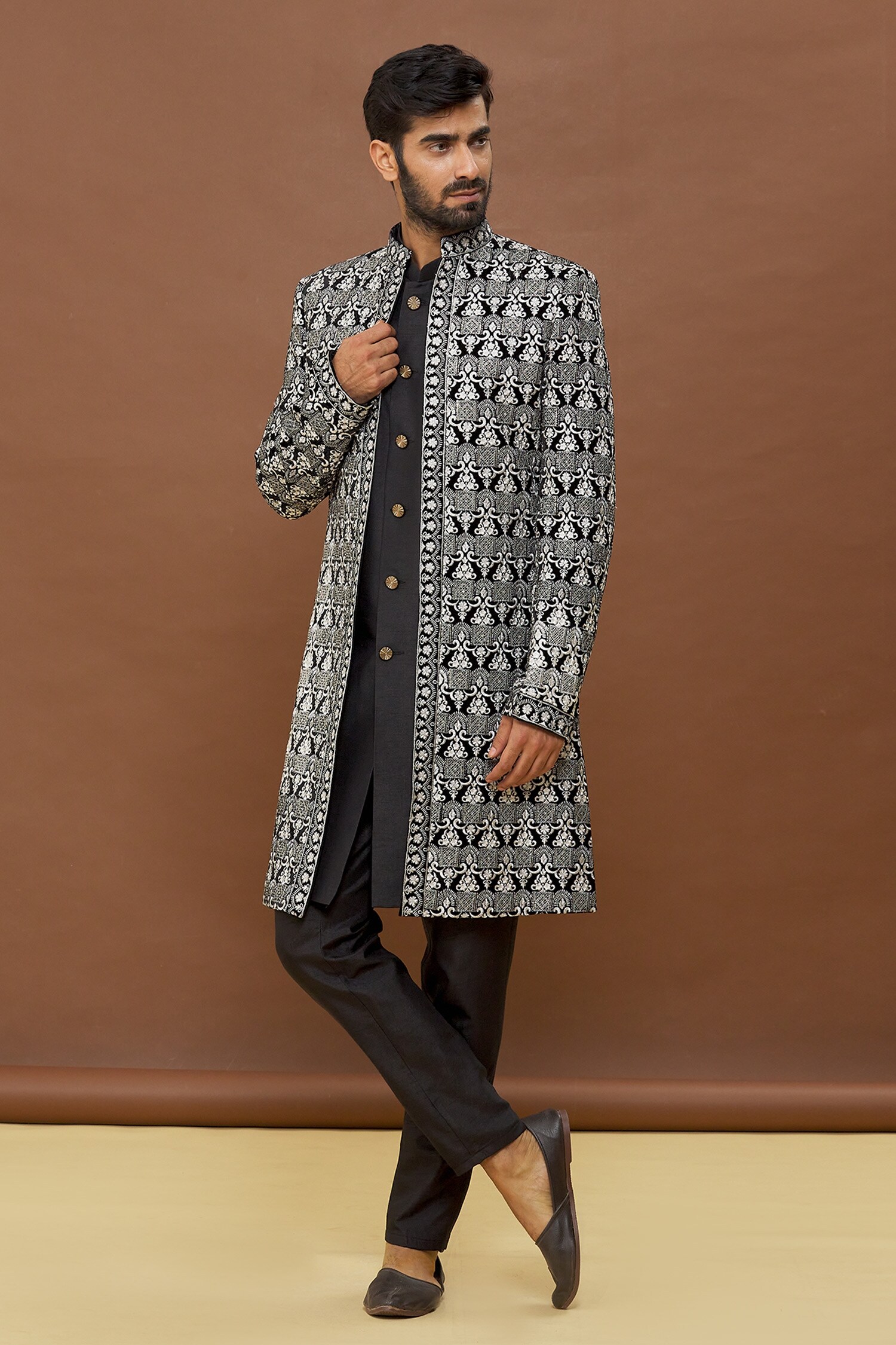 Buy Black Sherwani Dola Silk Embroidered Floral Jacket And Set For Men ...