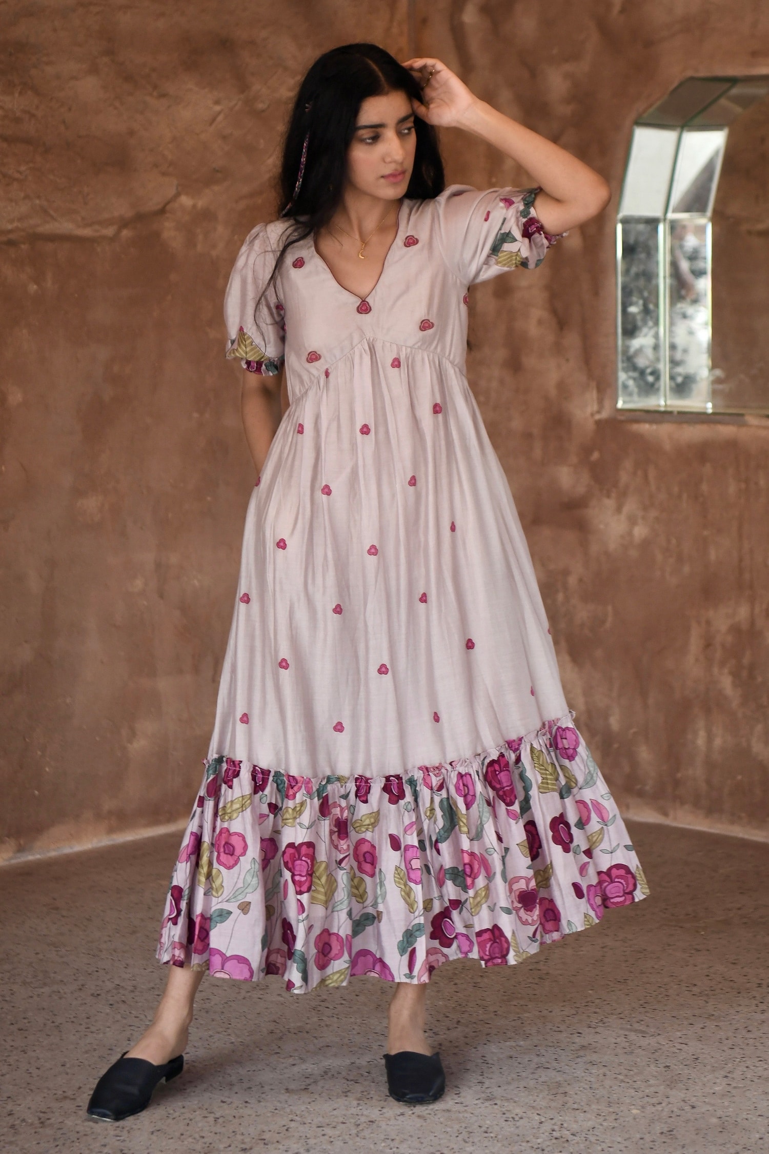 Buy Grey Chanderi Silk Print Floral V Neck Puff Sleeve Dress For Women ...