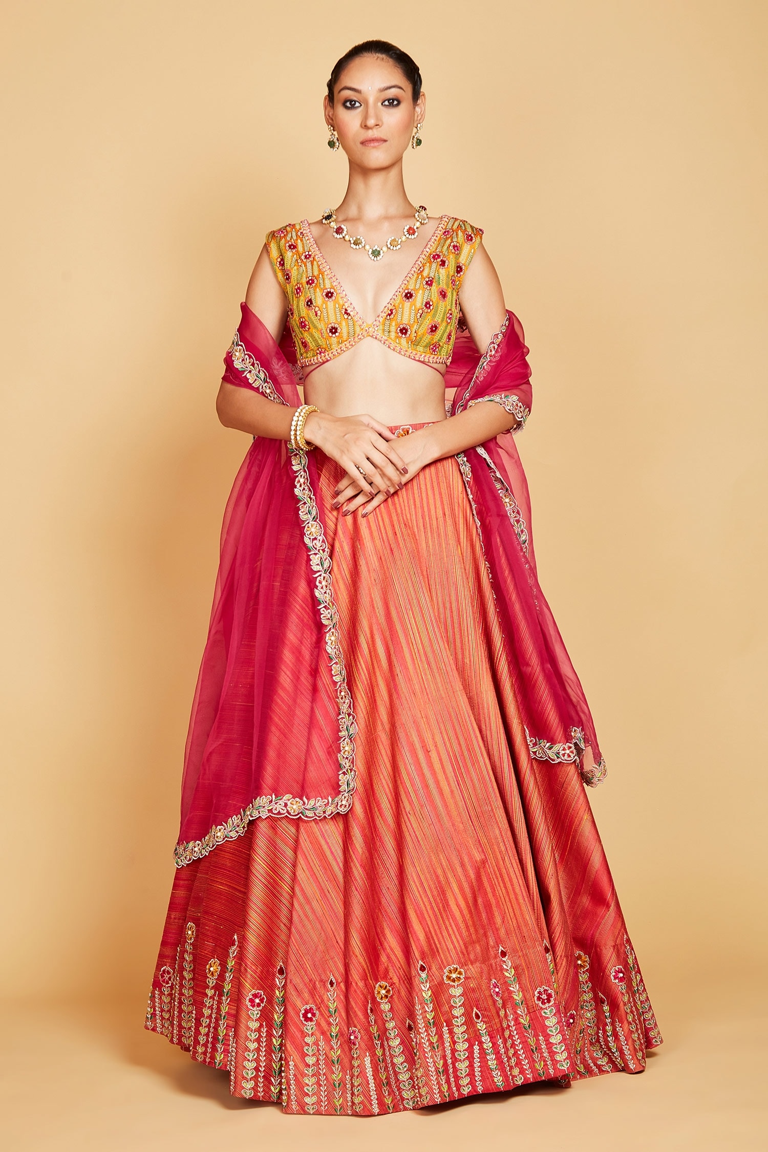 Buy Amrin khan Yellow Plunged V Neck Blouse And Lehenga Set Online ...
