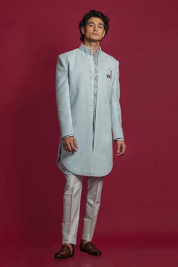 Buy Jayesh Shah Blue Suede Velvet Foil Placement Embroidered Sherwani ...