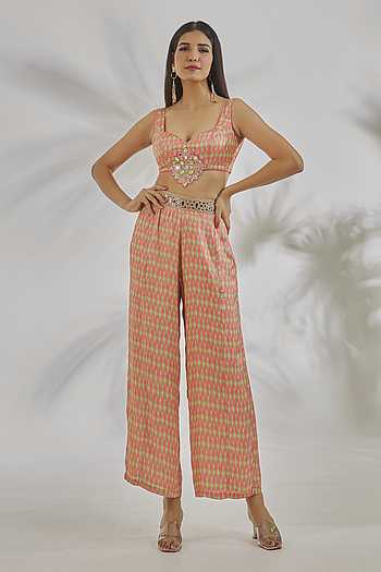 Buy Pink Satin Print Abstract Sweetheart Neck Naira Top With Pant For ...