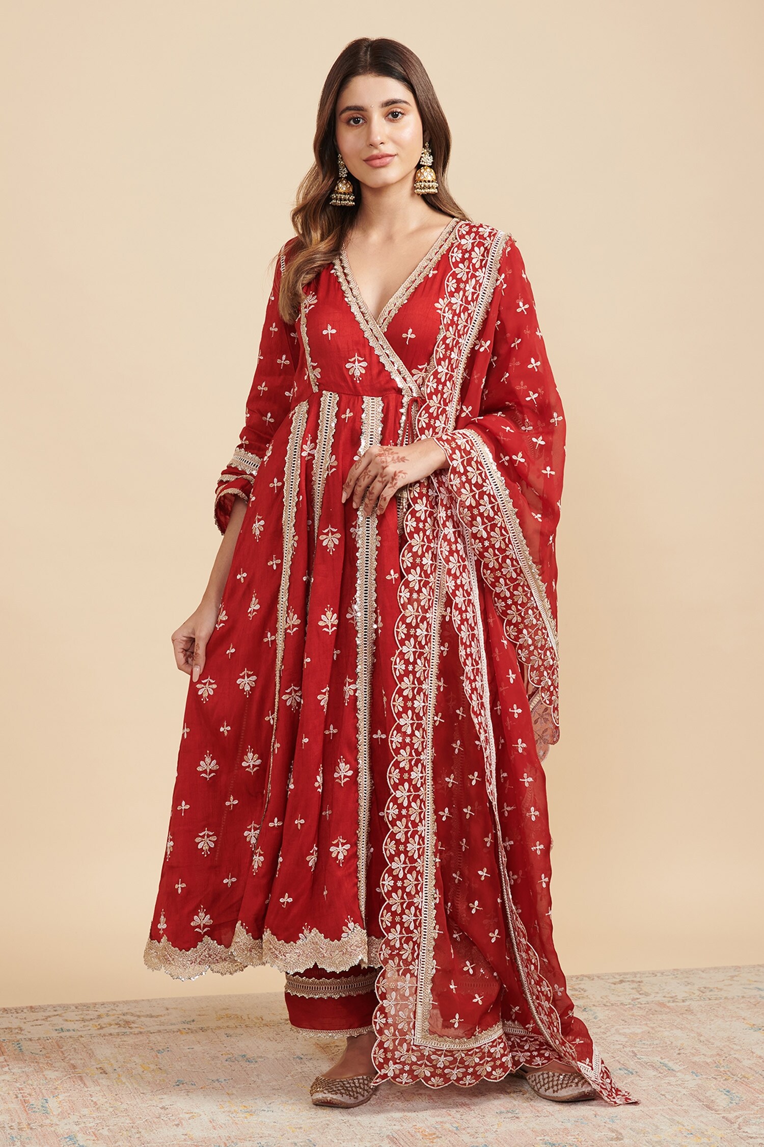 Buy Red Vegan Silk Embroidery Zari V Neck Flower Angrakha Anarkali Set ...