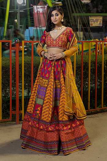 Buy Multi Color Dupion Printed And Hand Embroidered Floral Plunge ...