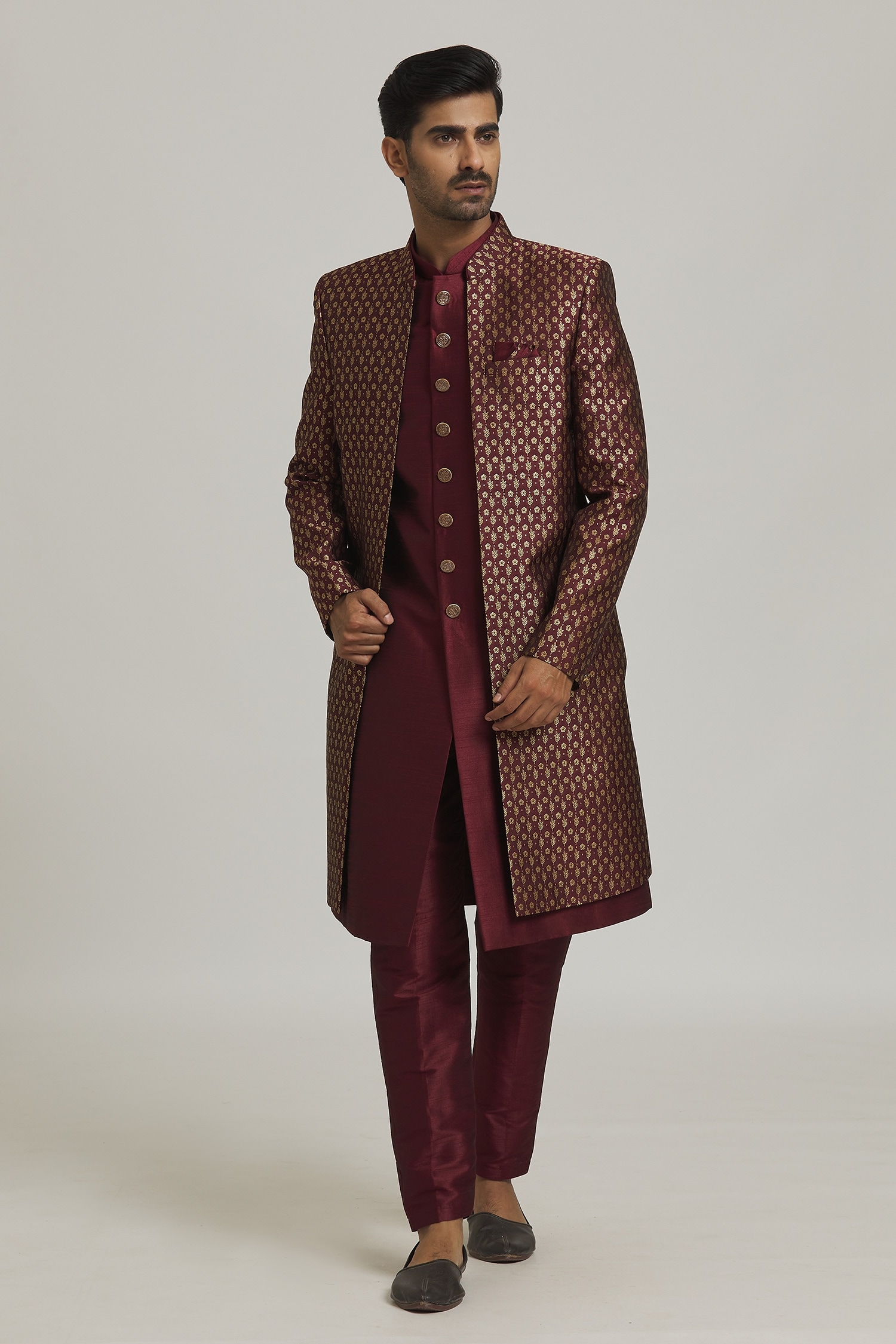 Buy Wine Art Silk Floral Pattern Front Open Sherwani Set For Men by ...