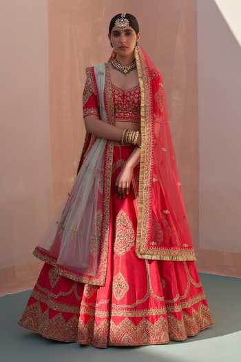 Buy Red Raw Silk Embroidery Zardozi Leaf Neck And Sequin Bridal Lehenga ...