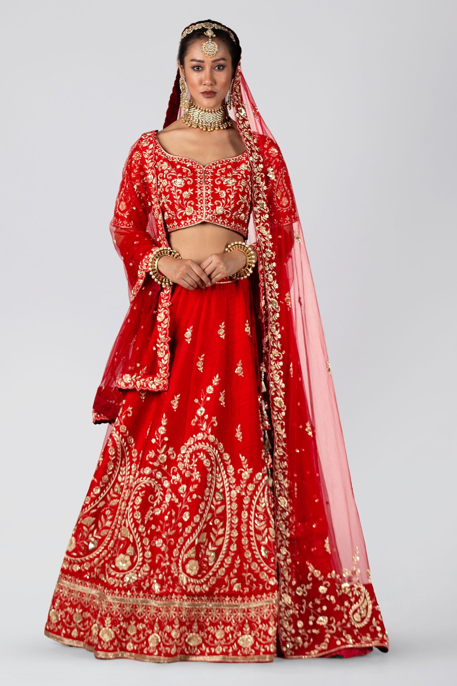 Buy Red Raw Silk Embroidery Resham Leaf Neck Paisley Bridal Lehenga Set ...