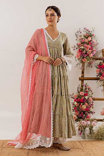 Buy Rivaaj Clothing Green Botanic Print Anarkali Palazzo Set Online ...