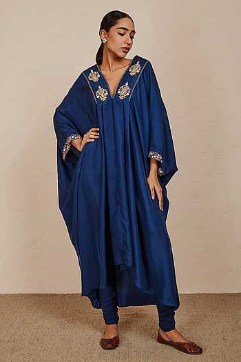 Buy Sue Mue Blue Silk Embroidered Kaftan Set Online | Aza Fashions