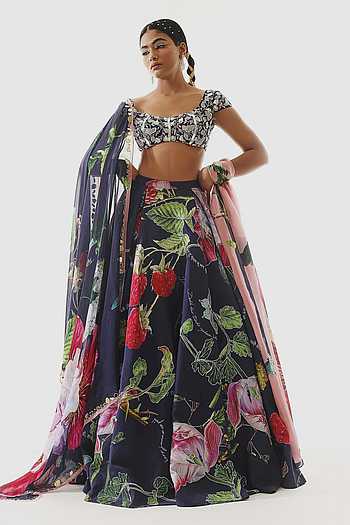 Buy Mahima Mahajan Blue Organza Satin Fruit Print Lehenga Set Online ...