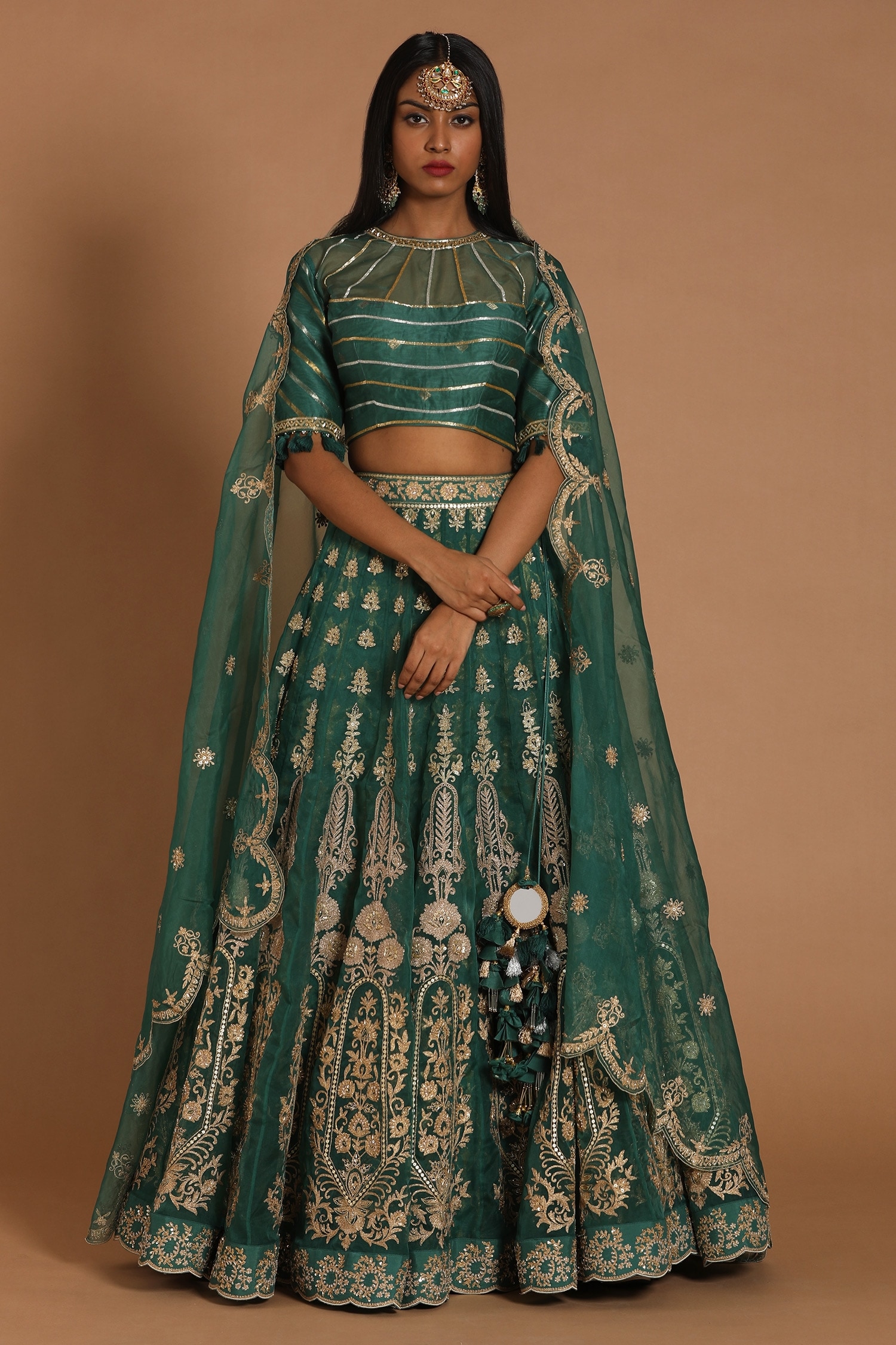 Buy Green Chanderi Handloom (50%silk X 50%cotton) Floral Lehenga Set ...