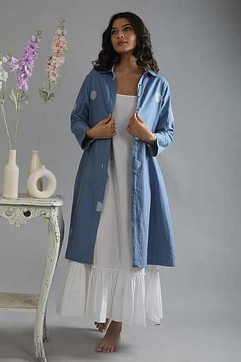 Buy KHAT Blue Handwoven Cotton Polka Pattern Jacket With Frill Dress ...