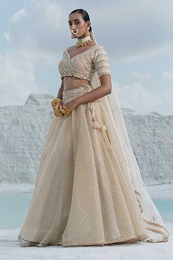 Buy Ivory Lehenga Net Embroidery Gota Patti Leaf Neck Bridal Set For ...