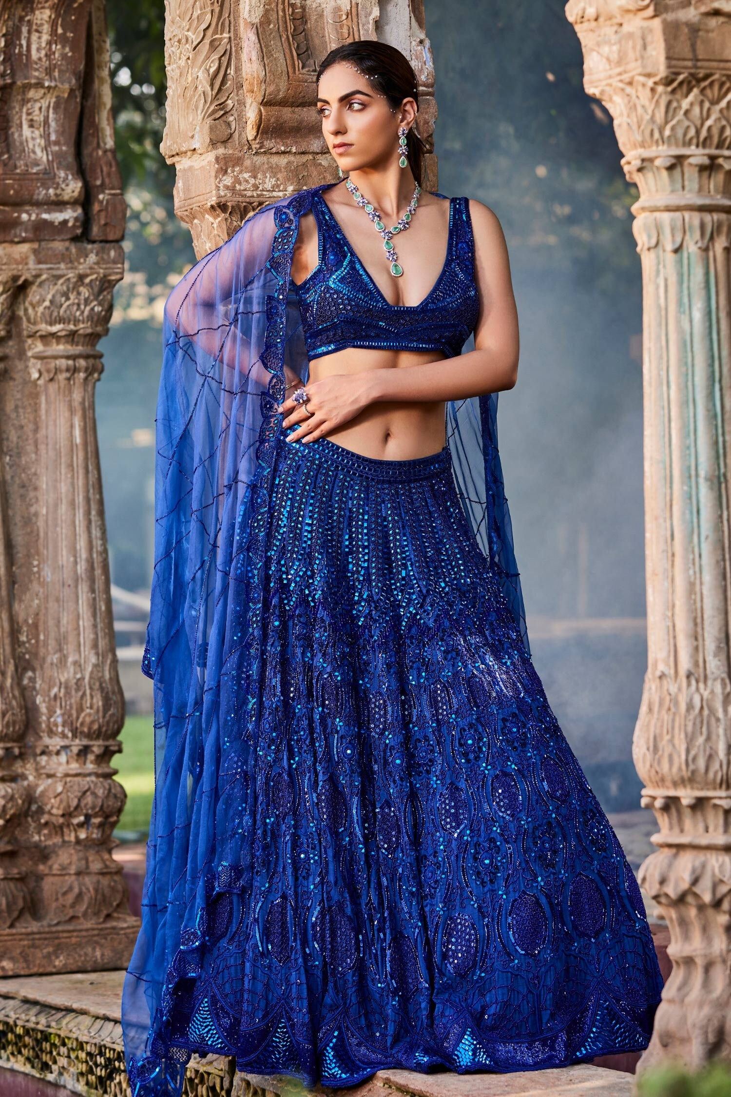 Buy Blue Crepe Embroidered Sequin Plunge V Neck Lehenga Set For Women