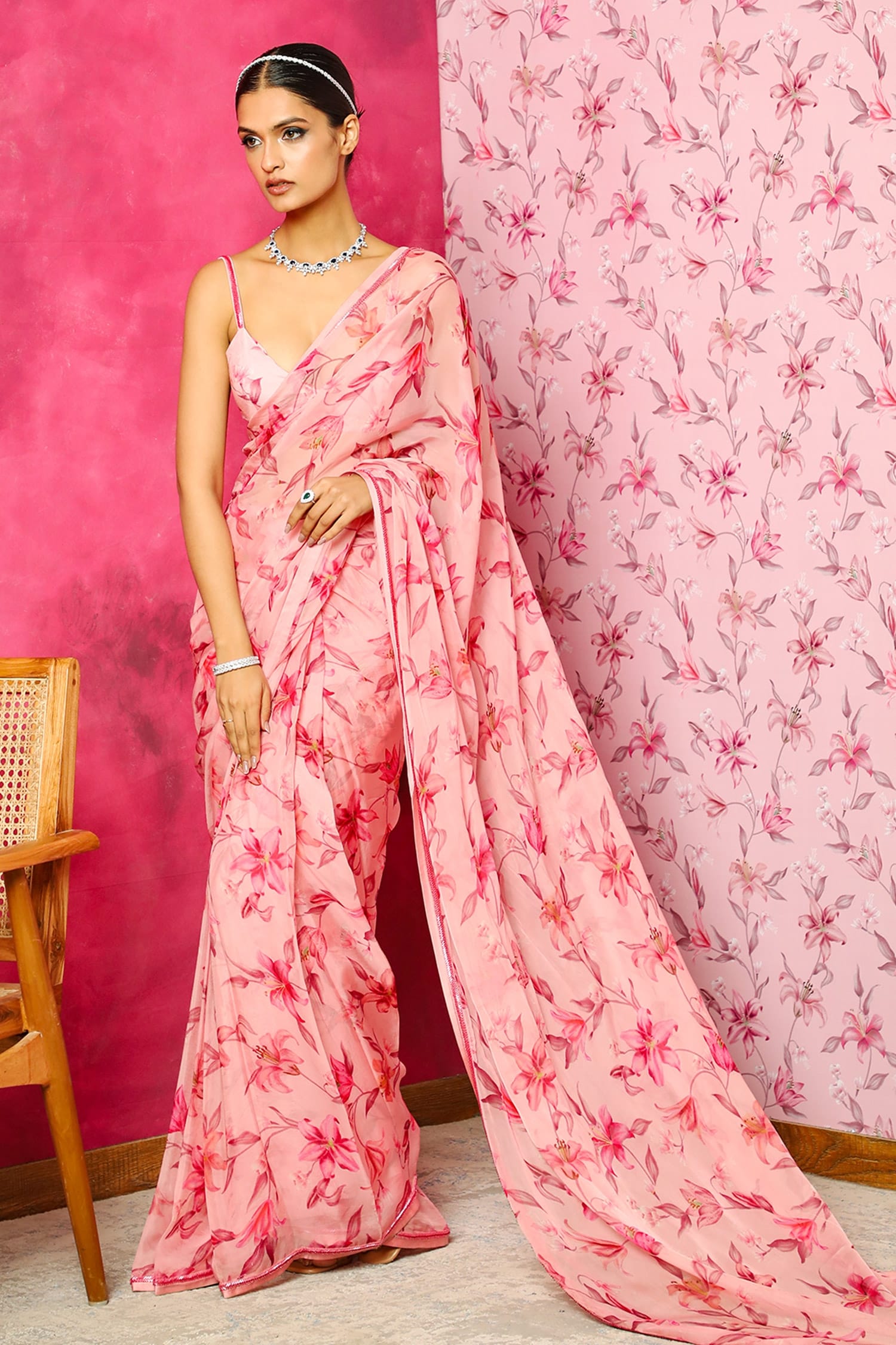 Buy Pink Saree Organza Printed Florette Pre-draped For Women by Dohr ...
