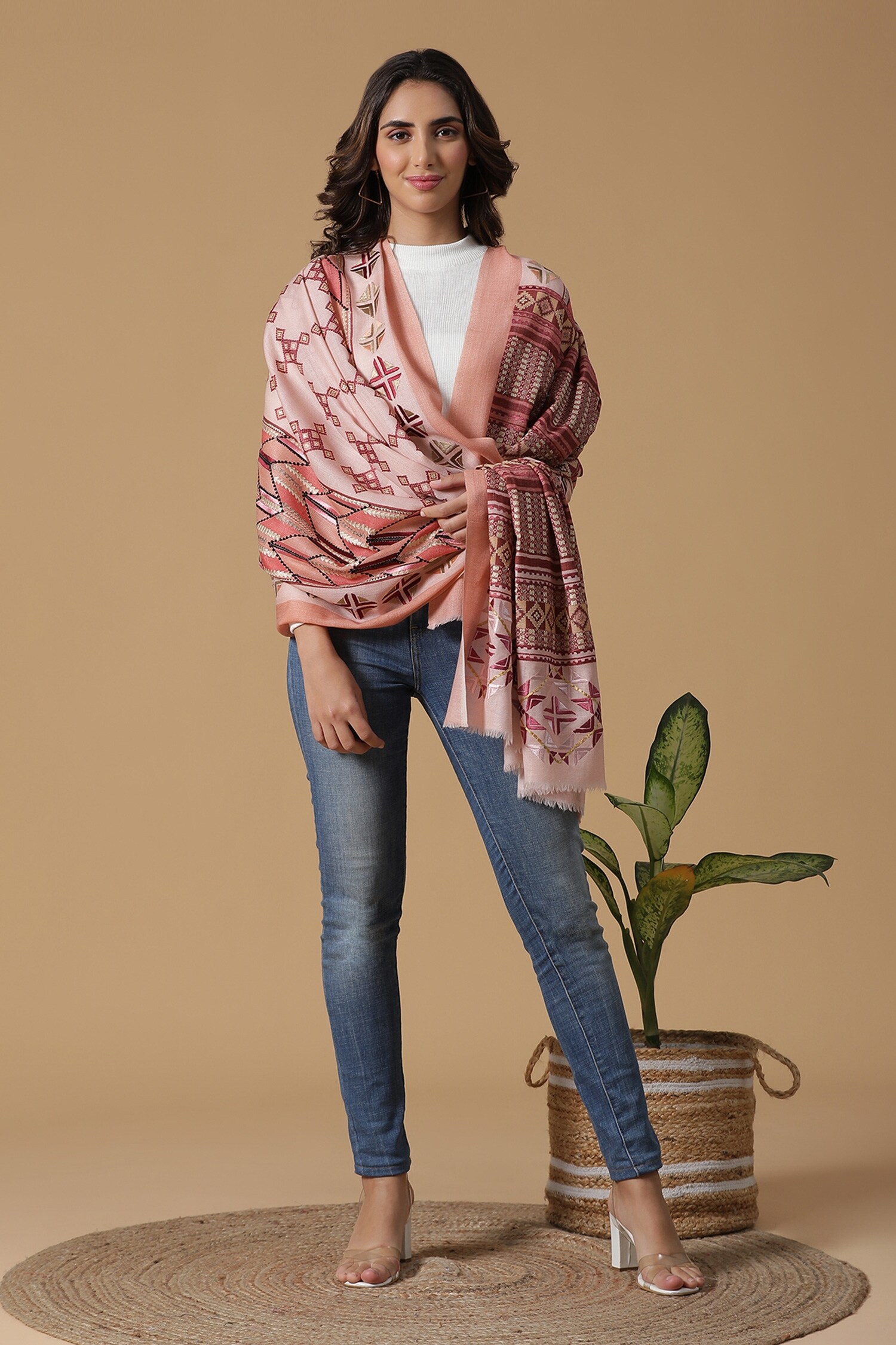 Buy Pink Embroidered Wool Geometric Shawl by SHINGORA Online at Aza ...
