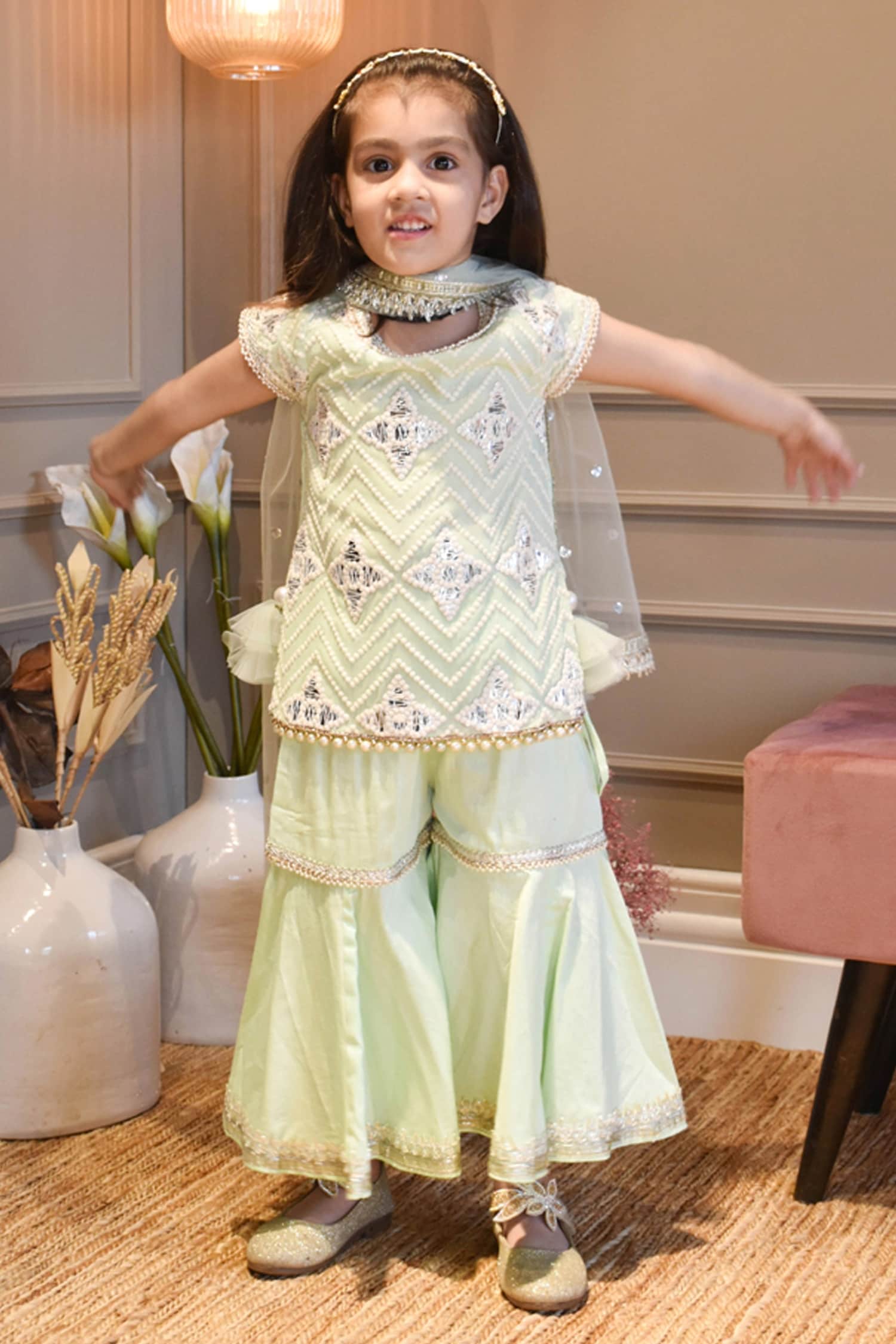 Buy FAYON KIDS Green Gota Embroidered Sharara Set For Girls Online ...