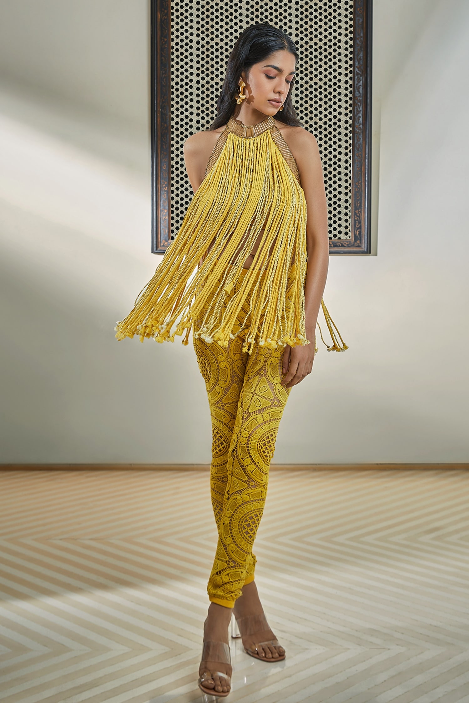 Buy Surily G Yellow Crochet Hand Embroidered Rope Fringe Top Online ...