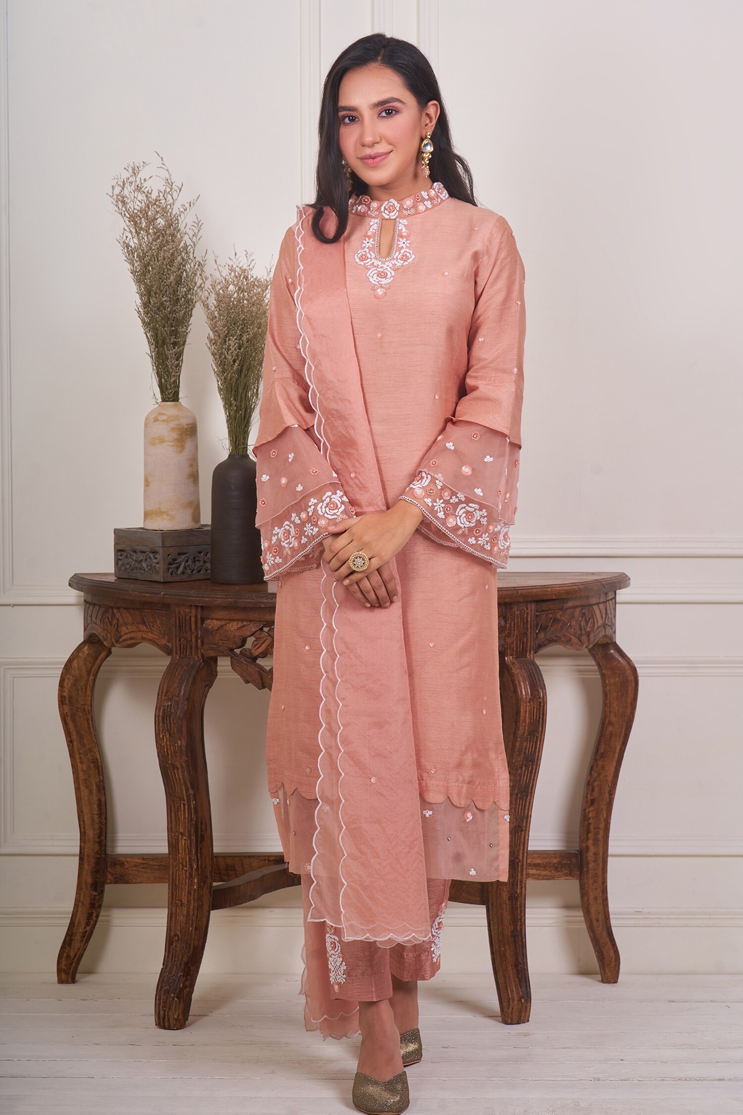 Buy Pink Kurta - Slub Silk Hand Embroidery Rosette Round Placement Set For Women by Geetika Jain ...