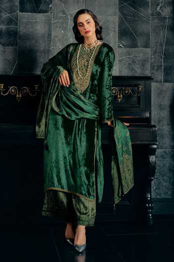 Buy Green Kurta: Velvet Printed And Embroidered Resham Thread Round ...