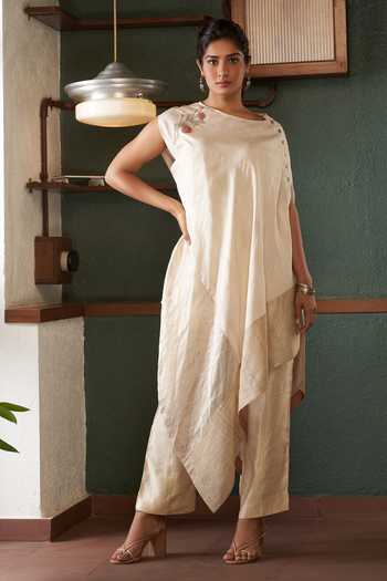 Buy Off White Tunic: Silk Tussar And Tissue Zari Oblique Poncho & Pant ...
