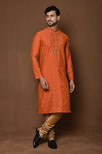 Buy Orange Kurta: Raw Silk Embroidered Patterned With Contrast Churidar ...