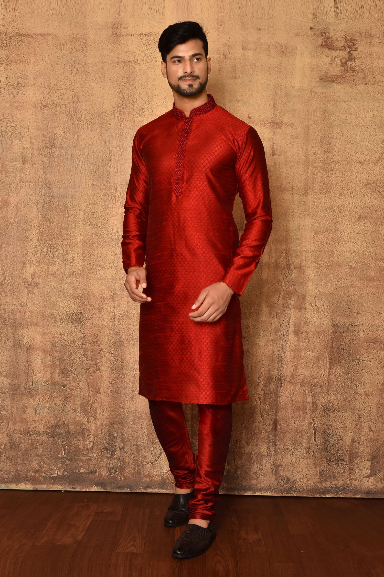 Buy Maroon Art Silk Geometric Pattern Kurta Set For Men by Arihant Rai ...