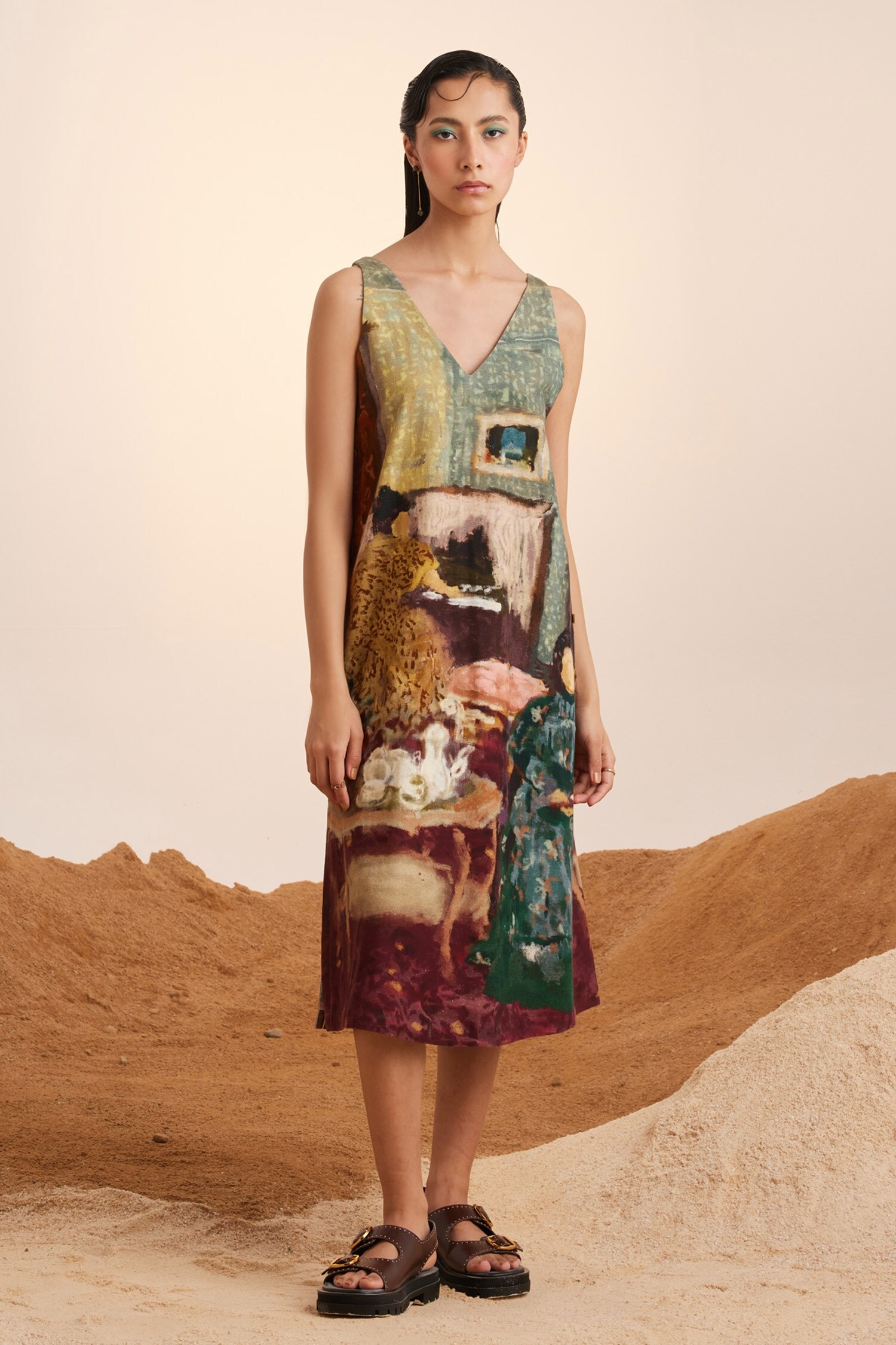 Buy Cord Beige Rayon Zen High Tea Print Dress Online | Aza Fashions