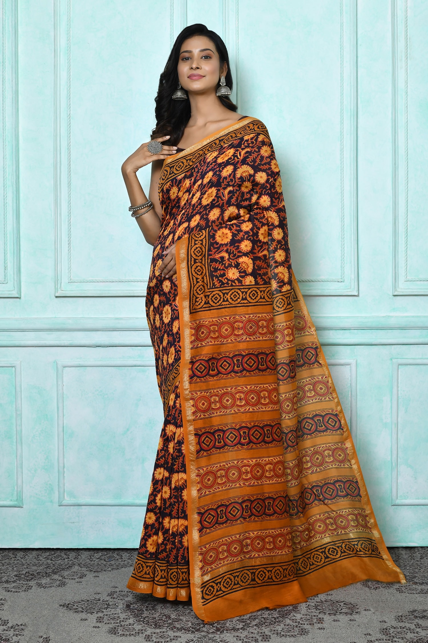 Buy Yellow Chanderi Silk Hand Block Printed Geometric Ajrakh Saree For ...