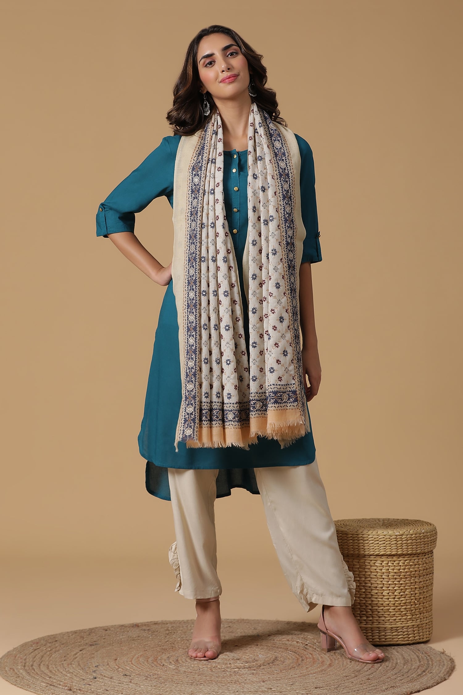 Buy Beige Woven Embroidered Floral Jaali Shawl by SHINGORA Online at ...