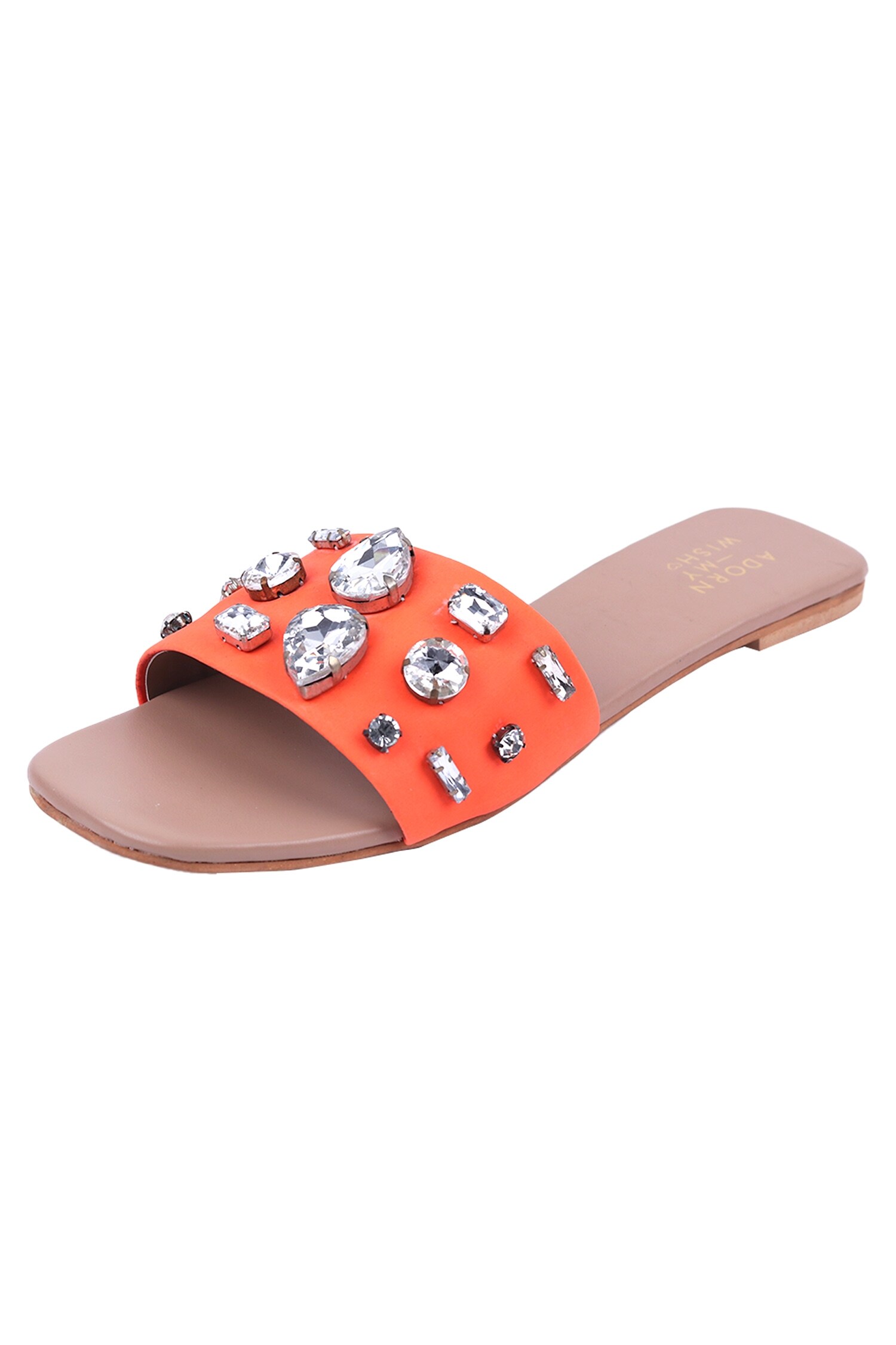 Buy Orange Embellished Rhinestone Neon Sliders by Adorn My Wish Online ...