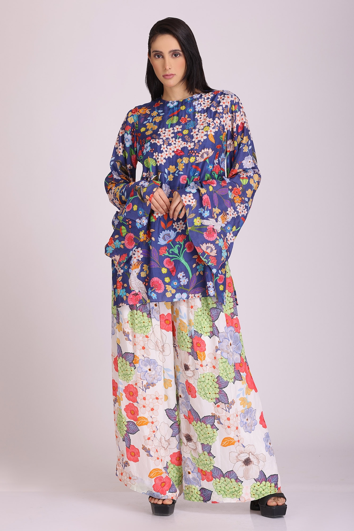 Buy Alpona Designs Blue Cotton Silk Floral Print Tunic And Pant Set ...