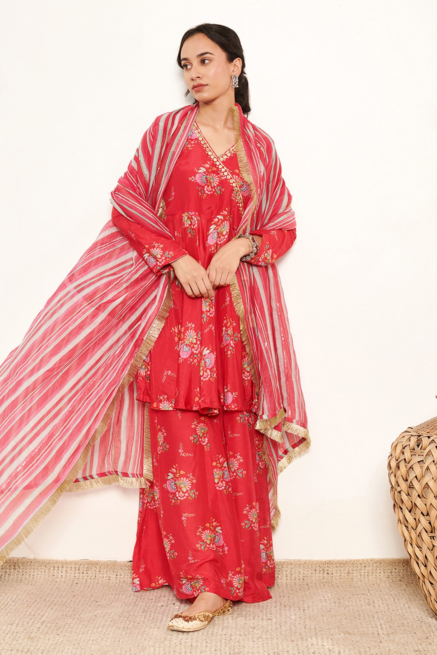 Buy Red Cotton Silk Printed Floral V Anghrakha Set With Chanderi ...