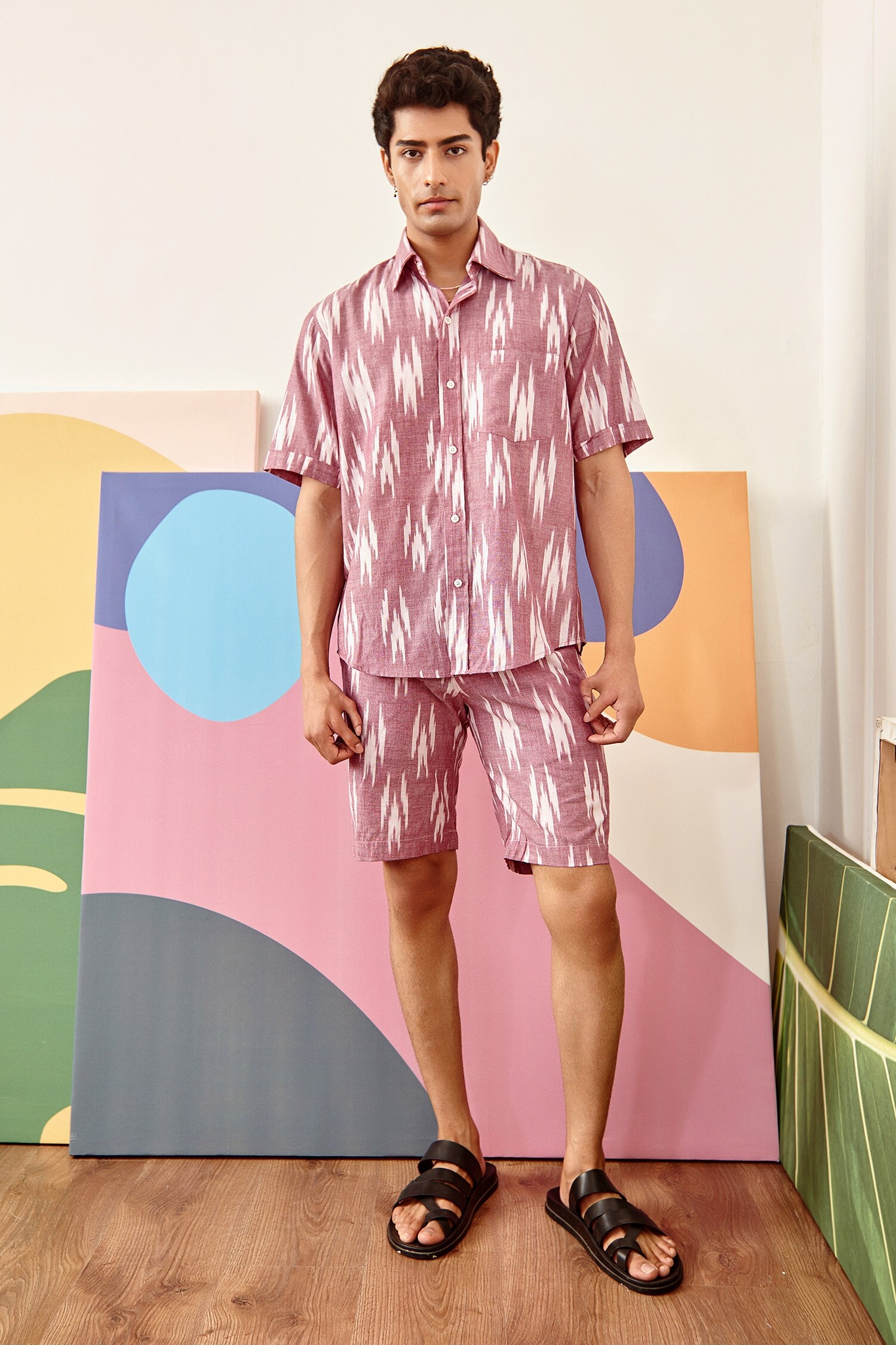 Buy Pink Printed Ikat Beau Shirt And Shorts Set For Men by Sorbae ...