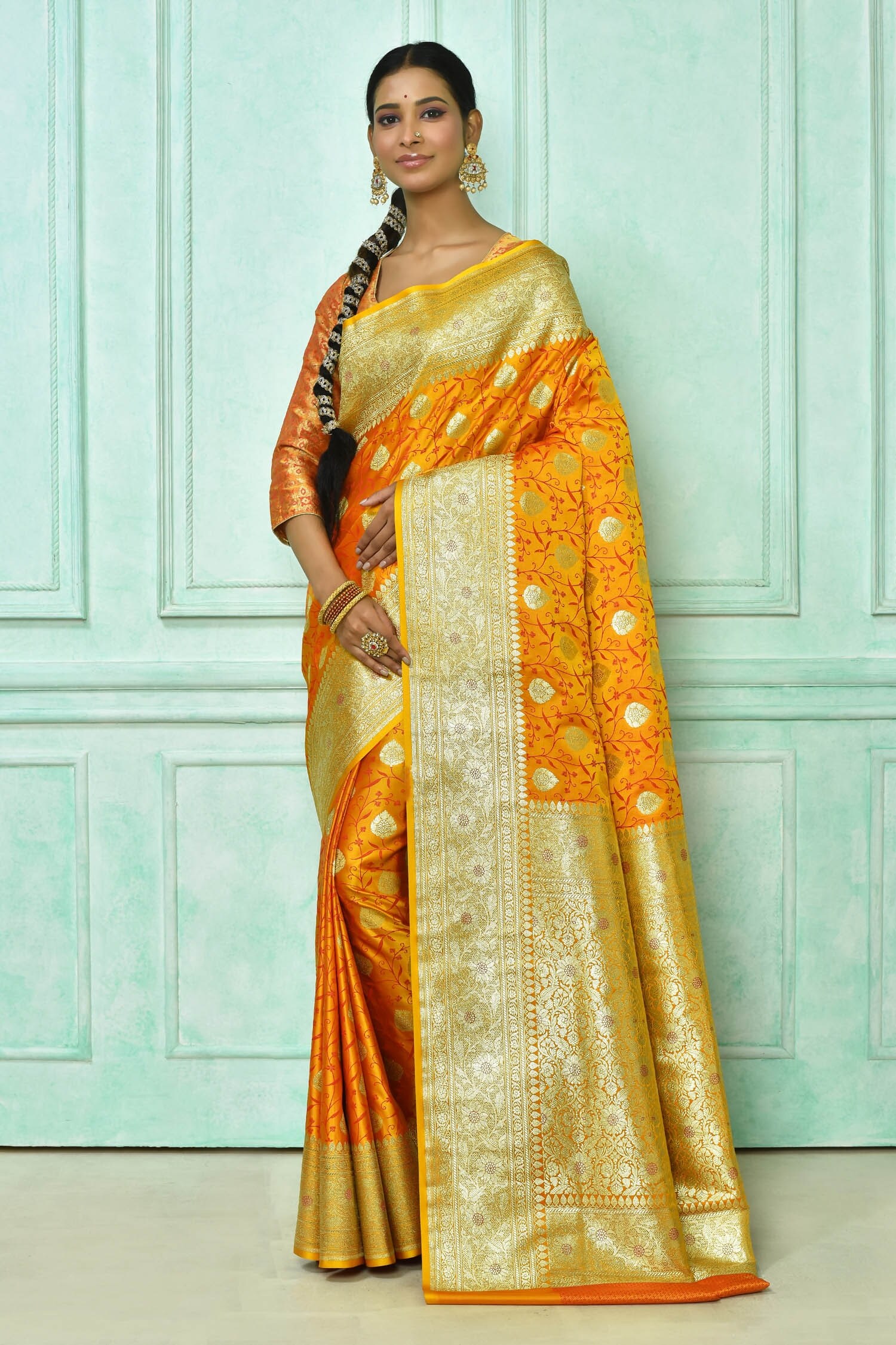 Buy Yellow Woven Leaf Motifs Katan Banarasi Saree With Running Blouse