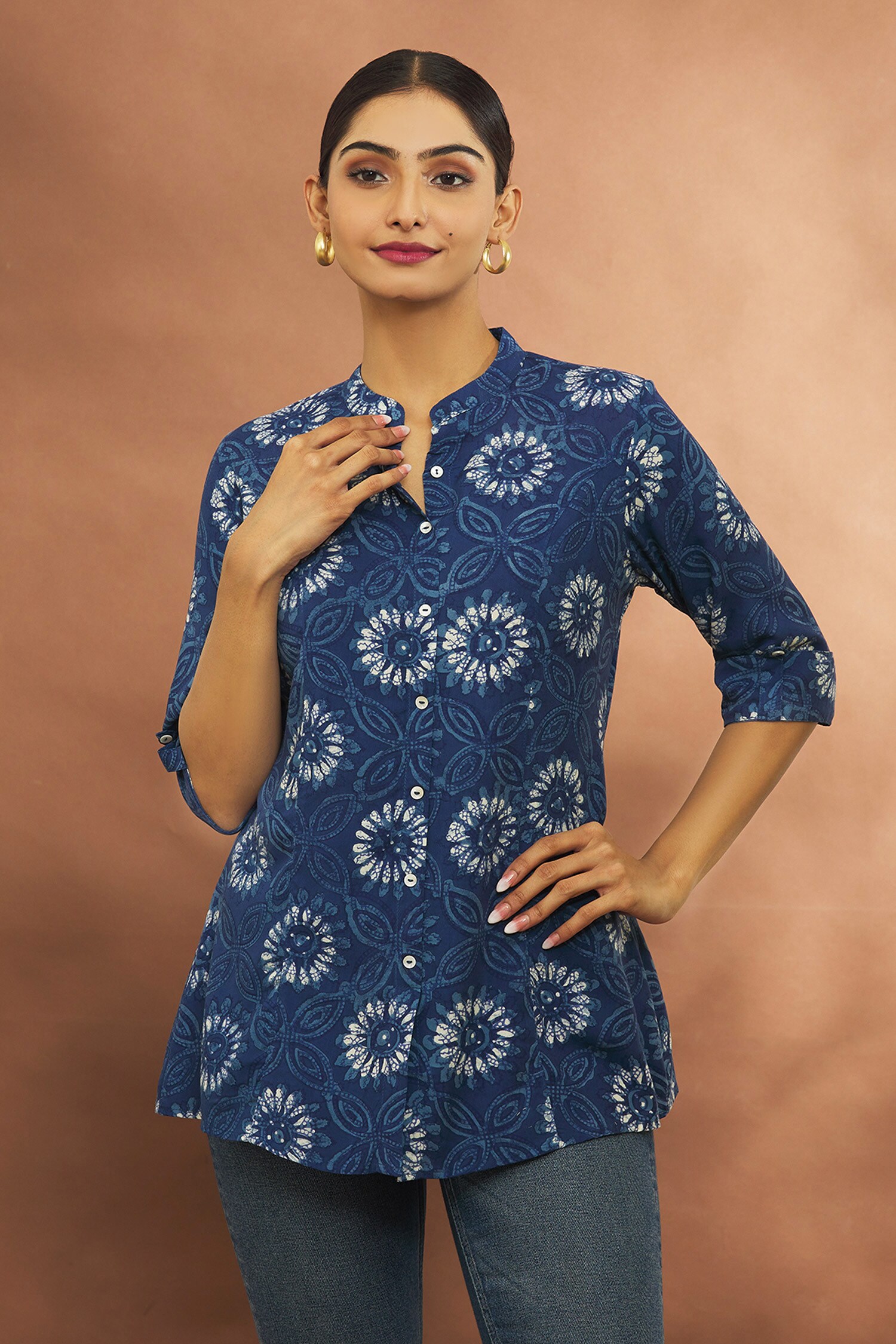 Buy Blue Rayon Printed Floral Mandarin Collar Floret Tab Sleeve Shirt ...