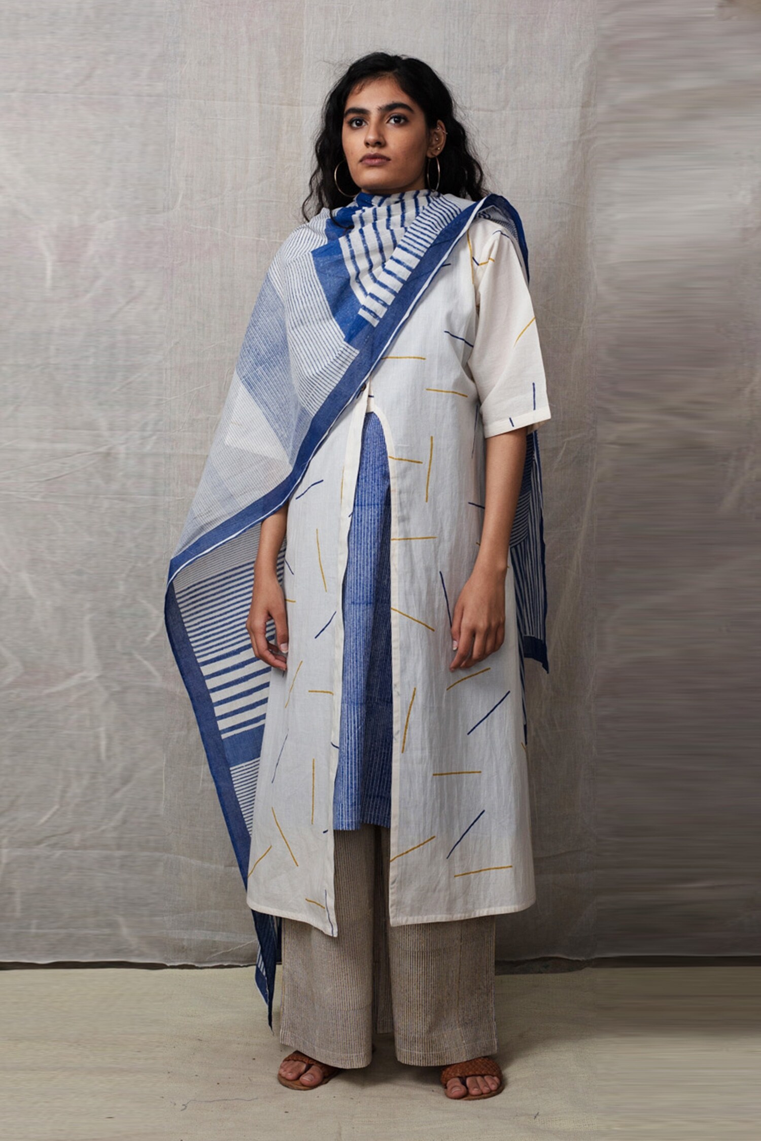 Buy Blue Cotton Print Sprinkle Round Neck Hand Block Kurta Set For ...