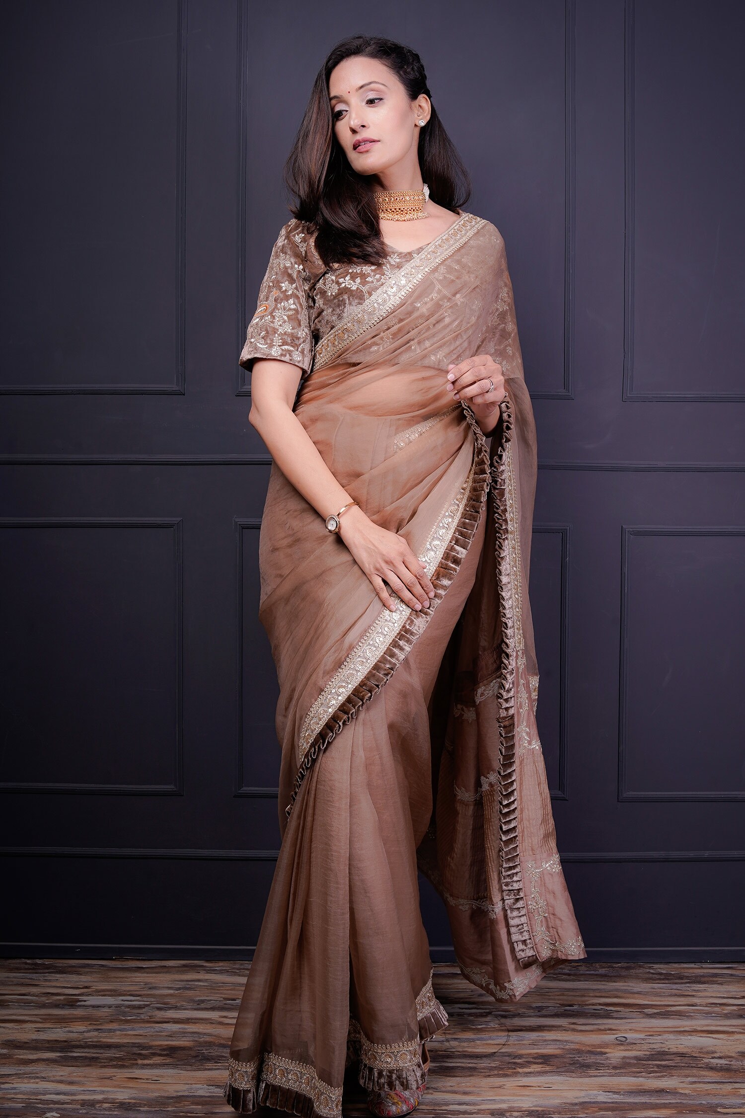Buy Gold Organza Embroidery Sequins V Pleated Border Saree With Blouse ...