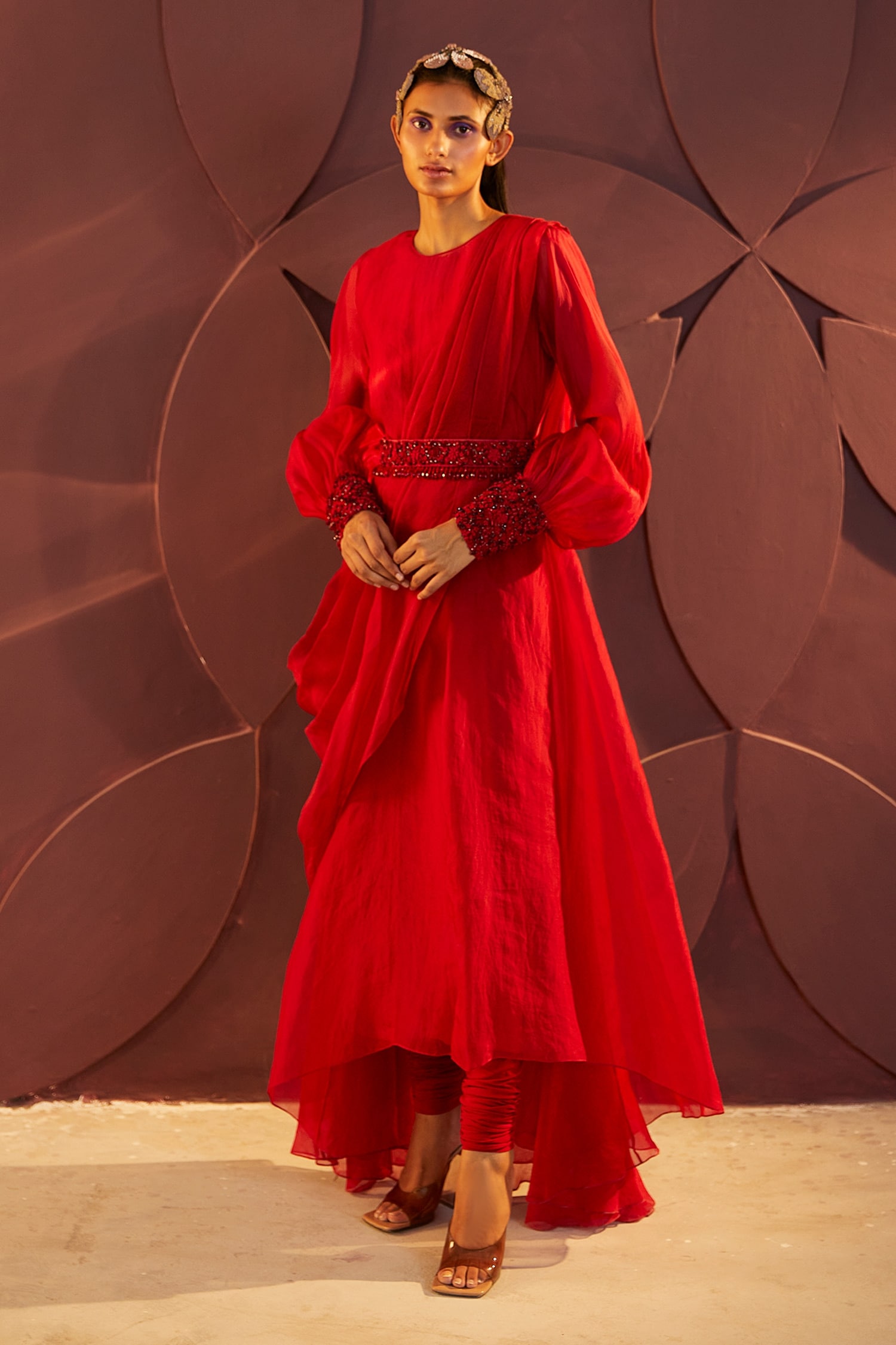 Buy Red Silk Organza Embroidery Cutdana Asymmetric Kurta Churidar Set ...